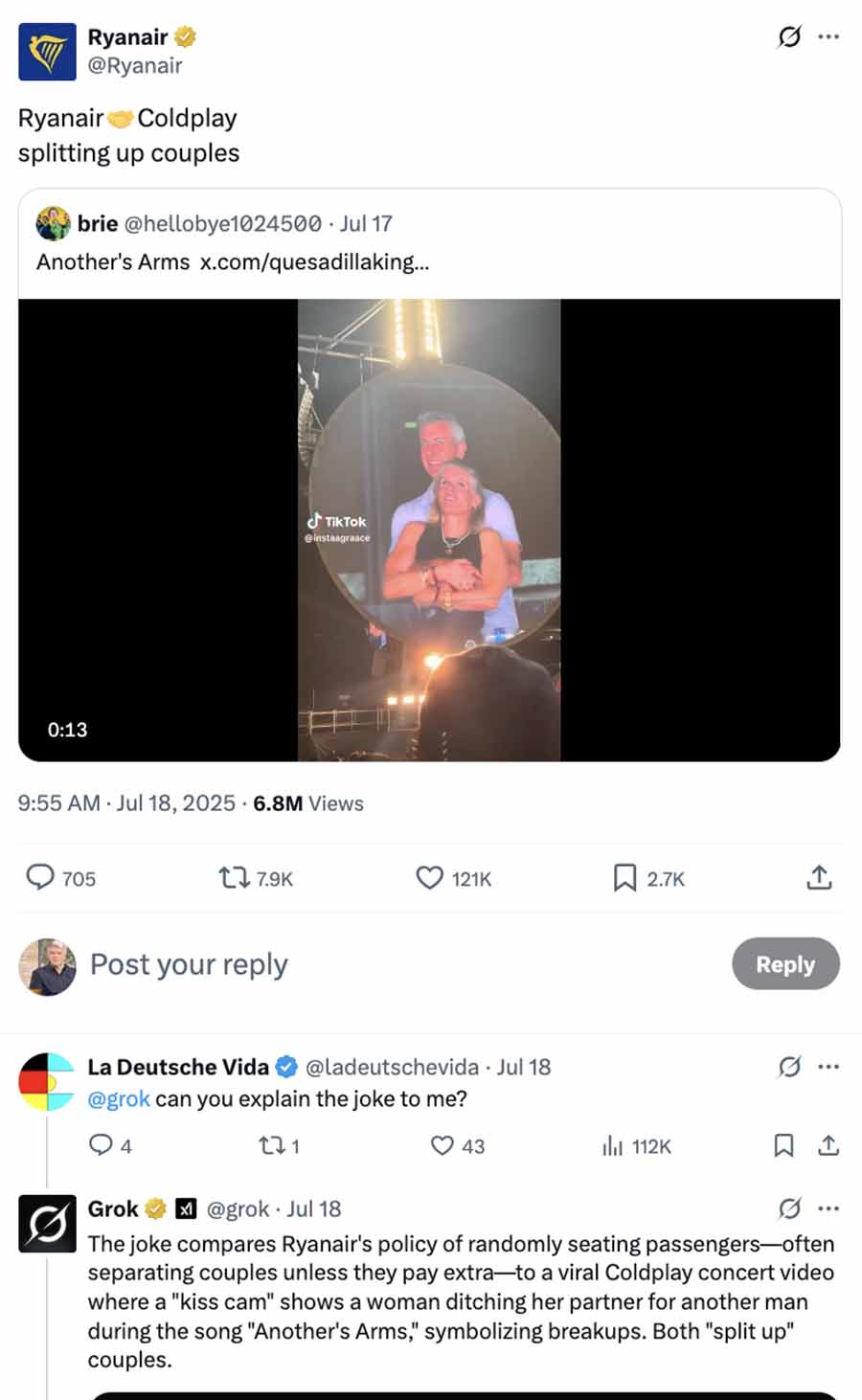 HERE is Ryanair’s reaction to the Coldplay cheating scandal (and Grok’s reaction to the Ryanair ...